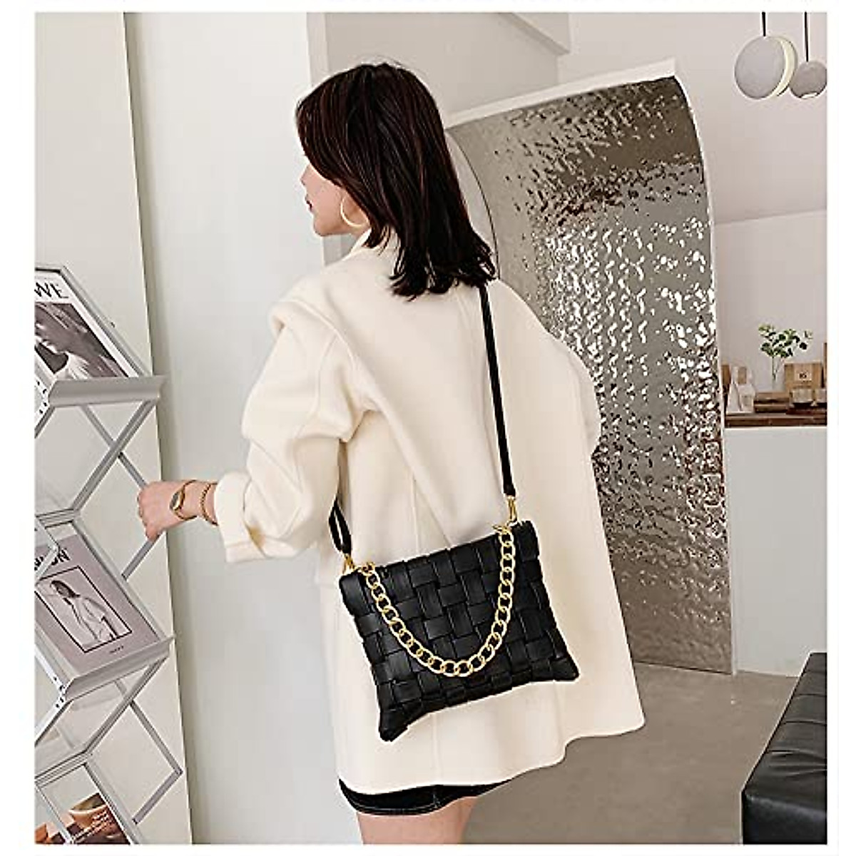 YP Women Large Crossbody Bag Woven Envelope Purses Pu Leather Shoulder Handbags (B-Black)