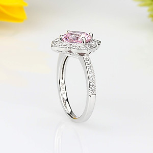 DoubleAccent Platinum Plated Sterling Silver Ring 2 CT Cushion Pink CZ Stone Milgrain Heart Flower Design Vintage Ring (Size 5 to 9), 5