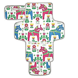 Swedish Folk Horse Portable Baby Changing Pad Travel Diaper Changing Pad Foldable Waterproof Changing Mat Station with Built-in Pillow for Newborn Essentials Gifts
