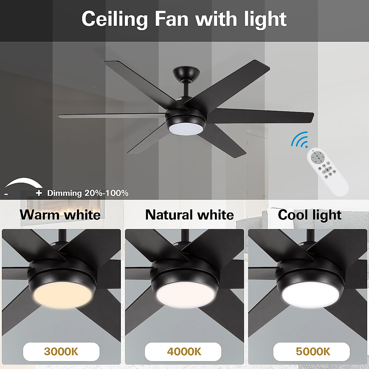 hykolity 52 inch Ceiling Fans with Integrated LED Lights and Remote Control, 6 Blades, 6 Speed, Dimmable, 3CCT, Quiet Reversible Motor, Indoor Modern Ceiling Fan - Black