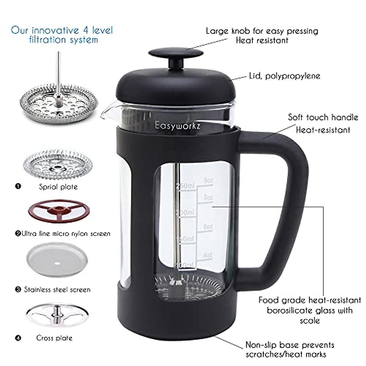 Easyworkz French Press 12 oz Coffee Tea Maker with Borosilicate Glass,Soft Grip Handle