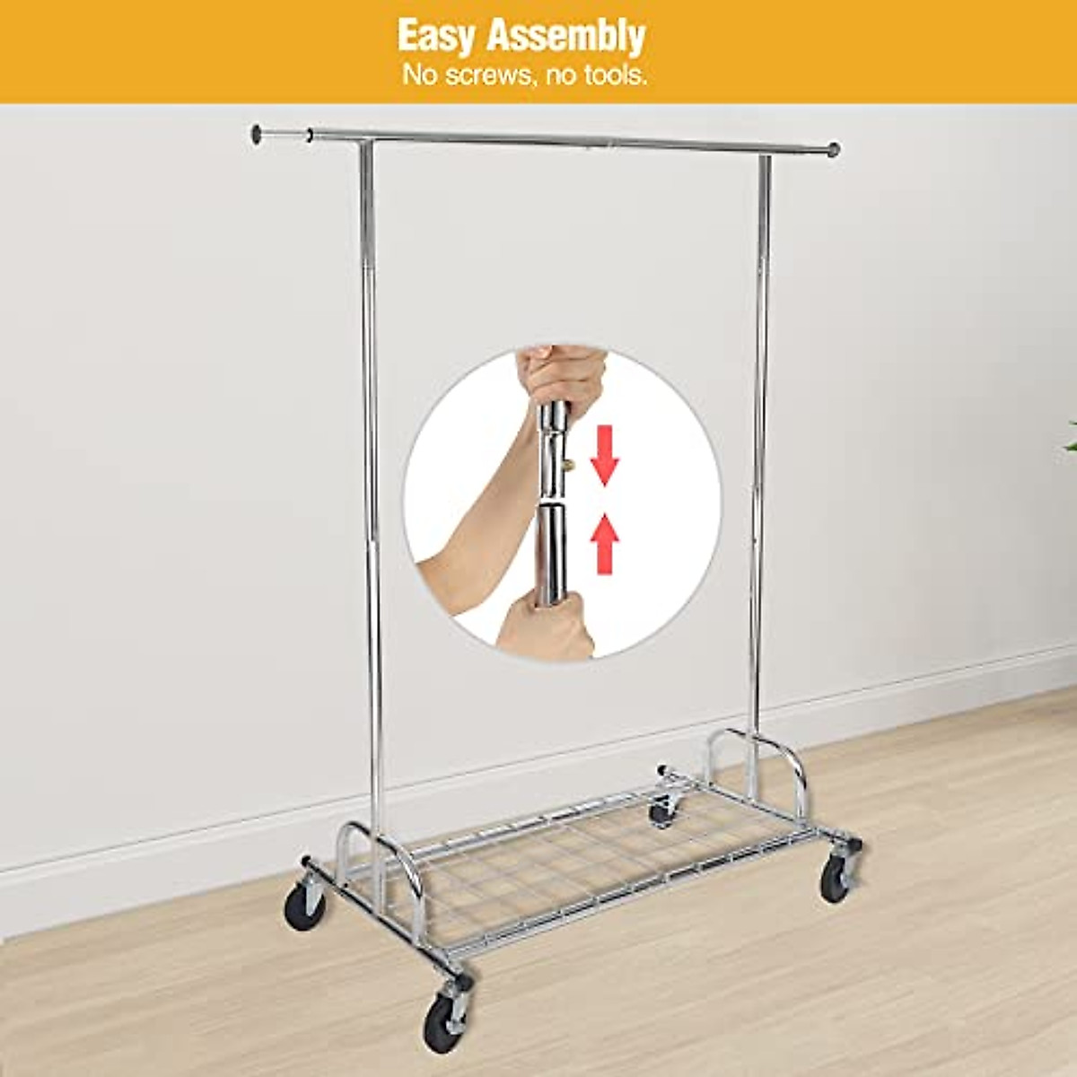 ALBOMI Adjustable Commercial Clothes Rack Heavy Duty On Lockable Wheels, Large Portable Clothing Rack For Hanging Clothes, Rolling Garment Racks With 1 Rod & Shelf For Entryway Bedroom Balcony