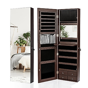CHARMAID LED Strip Jewelry Armoire with 47.2" H Full Length Mirror, Wall/Door Mounted Jewelry Organizer with Built-in Mirror, Flip-over Cosmetic Tray, 4 Drawers, Large Storage Jewelry Cabinet (Coffee)