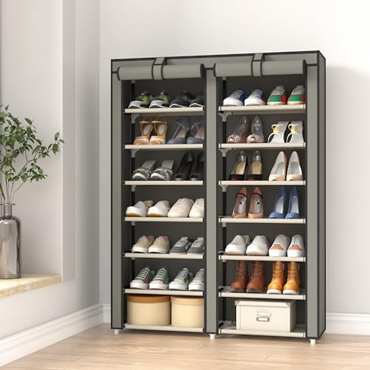 JIUYOTREE Double Row Shoe Rack Storage Organizer with Big Capacity,7-Tier Shoe Cabinet,Shelf,Closet with Nonwoven Fabric Cover for 28 Pairs of Shoes,Grey