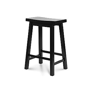 PJ Wood 24 Inch Single A Frame Classic and Modern Comfortable Wooden Bar Stool Saddle Seat with Built in Bars as Footrests, Black