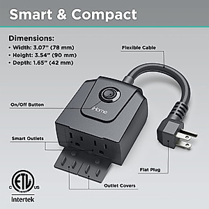 iHome Flow Outdoor Smart Plug with Dual Sockets, Weatherproof IPX3 WiFi Plug with 2 Individually Controlled Smart Outlets, Works with Alexa & Google Home Voice Activation