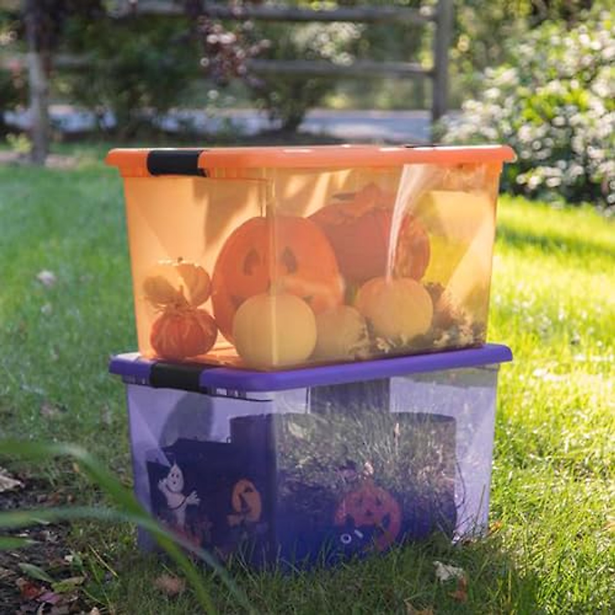 Sterilite 64 Qt Latching Storage Box, Stackable Bin with Latch Lid, Plastic Container to Organize Halloween Decor, Purple Tint with Purple Lid, 6-Pack