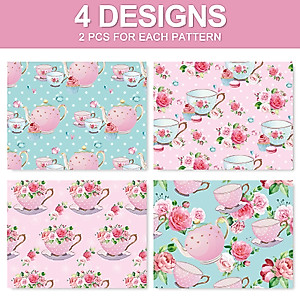 JarThenaAMCS 8 Sheet Tea Party Wrapping Paper -Not Roll- Watercolor Pink Floral Teapot Gift Wrap Paper Folded Flat Art Paper for DIY Crafts Gift Wrapping