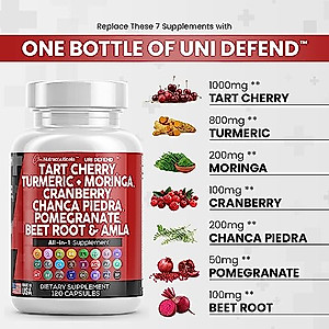 Tart Cherry Extract Capsules 20,000mg with Turmeric 8000mg Moringa 4000mg Cranberry 2000mg Chanca Piedra Celery Quercetin Beet Root ACV Pomegranate L Selenomethionine - Uric Levels - 120 Ct USA