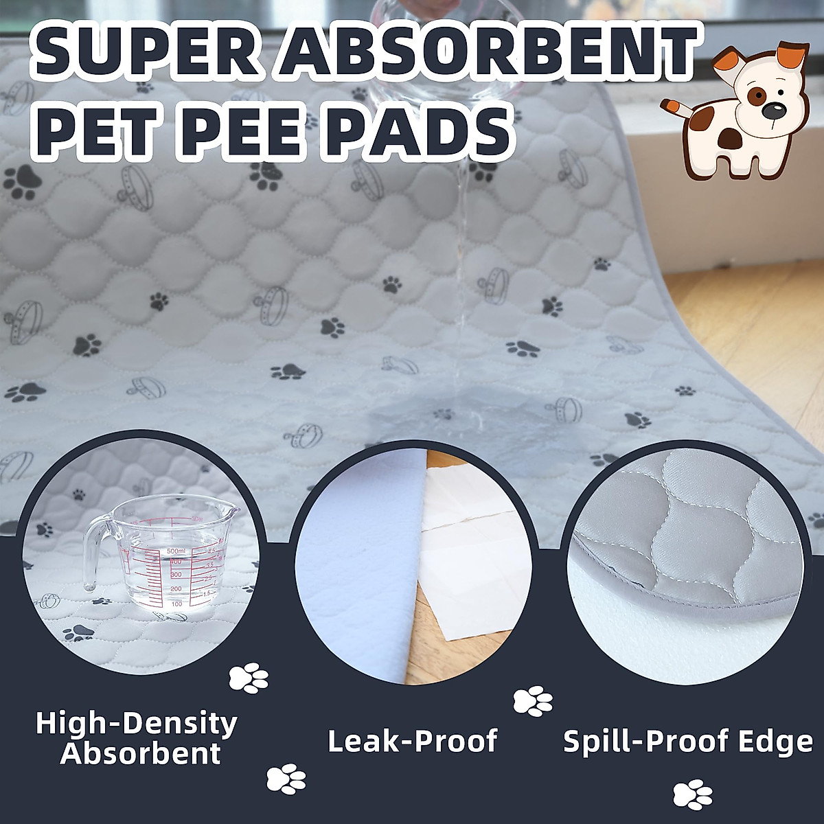 Reusable Pet Pee Pads, AZOOLOI 4 Pack 18"x24" Ultra-Absorbent Washable Puppy Pads with Non-Slip Grip and Cute Print, Leak-Proof Dog Pee Pad for Training, Whelping, Housebreaking, Incontinence, Playpen