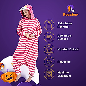 RESSBER Unisex Adult Onesie Pajamas Animal One Piece Halloween Costume Christmas Sleepwear Jumpsuit（Large，Pink Cheshire Cat）