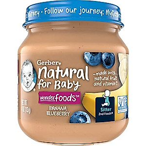 Gerber Natural for Baby Wonder Foods 2nd Foods Baby Food Jar, Banana Blueberry, Made with Natural Fruit & Vitamin C, Non-GMO Baby Food, 4-Ounce Glass Jar (Pack of 10)