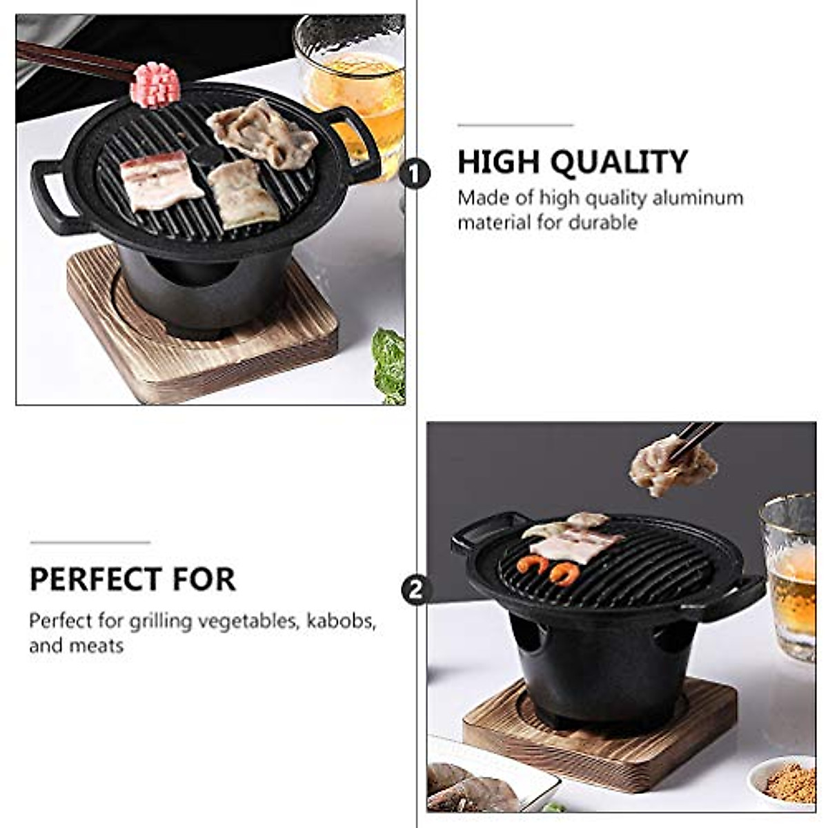 Yardwe Portable Charcoal Grill Japanese Style Charcoal Grill Portable Hibachi Konro Grill Nonstick Die-Cast Aluminum BBQ Stove with Wooden Board for Household Outdoor Camping Cooking Indoor Grill