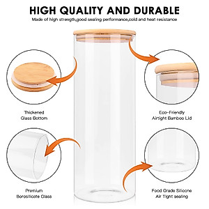 RoweLLsouL Glass Storage Jars, Transparent Food Containers Set of 3, Food Jars with Bamboo Wood Lid for Kitchen Ingredients Storage, Coffee Beans, Candy, Cookies, Rice, Sugar, Flour, Pasta, Nuts