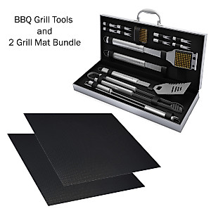 Home-Complete 18-piece BBQ Grill Set, 16-pc Stainless Steel Barbecue Tools Kit with Aluminum Case and 2-pack BBQ Grill Mats