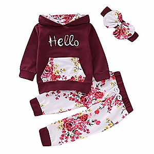 Camidy 1-5T Baby Girls Toddler Floral Hoodies Hooded Tops + Pants + Headband 3Pcs Outfits Clothes Set Purplish Red