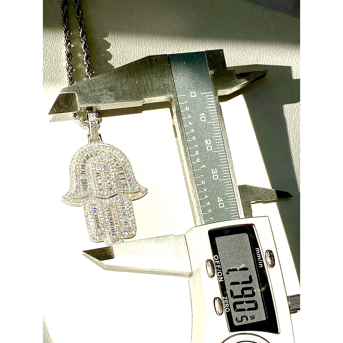 Shop-iGold Men's Hamsa Evil Eye Protector Men Women 925 Italy White Gold Finish Iced Silver Charm Pendant Stainless Steel Real 3 mm Rope Chain, Mans Jewelry, Iced Pendant, Rope Necklace 16"- 24" (24)