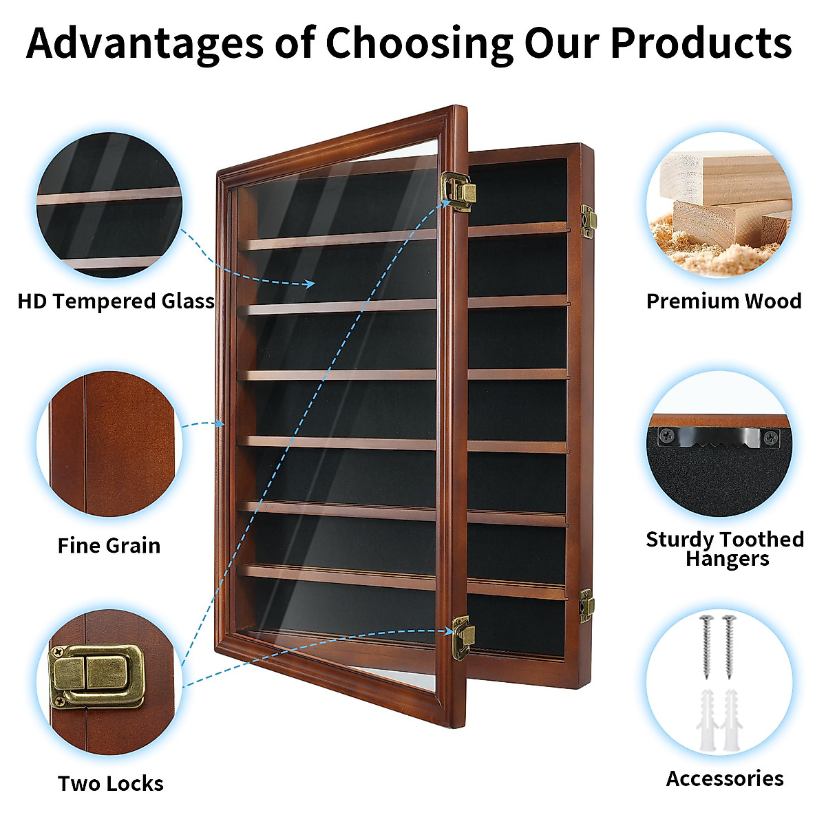 ASmileIndeep Pocket Knife Display Case 7 Rows Lockable Wooden Knife Shadow Box with HD Tempered Glass, Military Folding Knife Cabinet Stand for Wall with Removable Shelves, Walnut