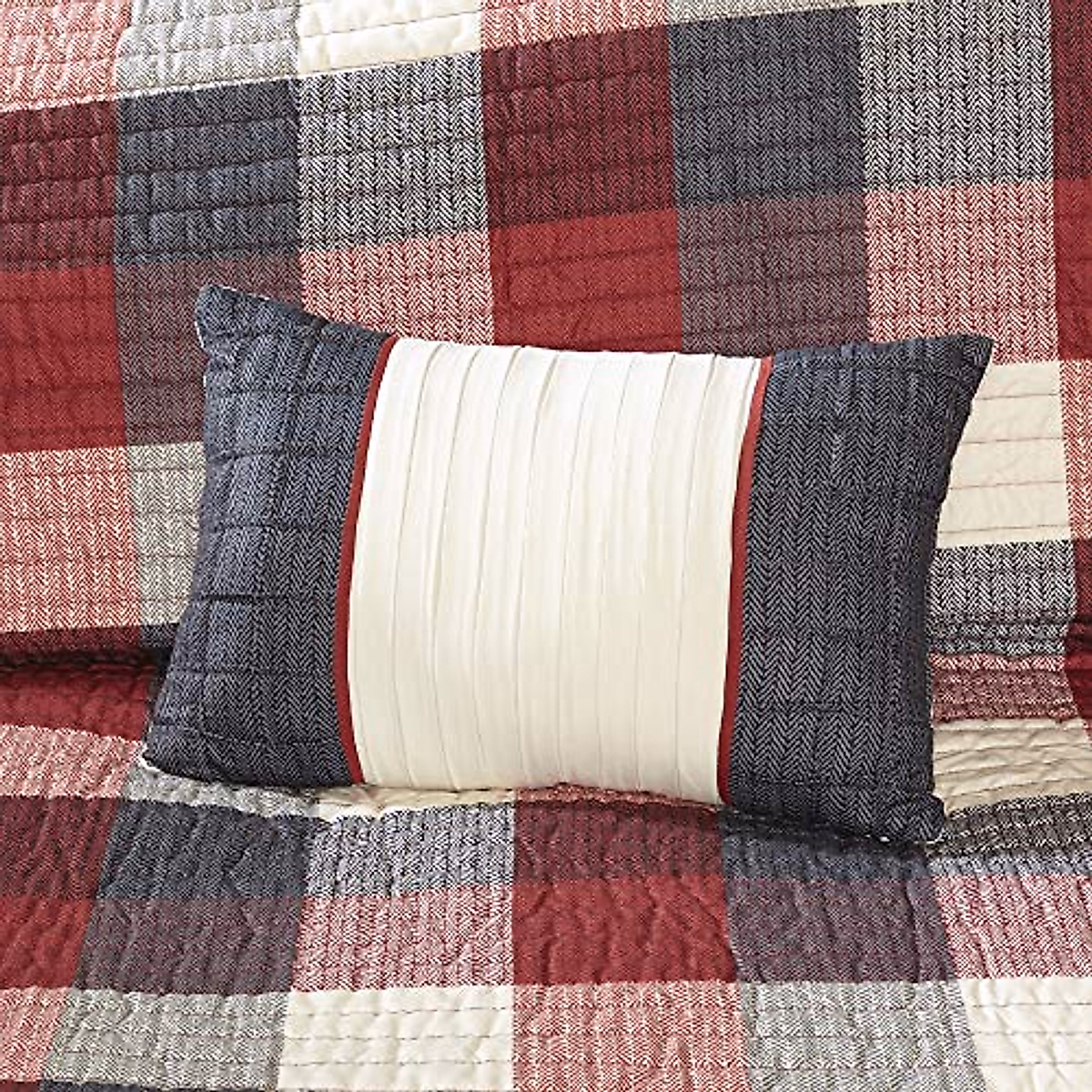 Madison Park Reversible Quilt Cabin Lifestyle Plaid Design - All Season, Breathable Coverlet Bedspread Bedding Set, Matching Shams, Full/Queen(90"x90"), Red 6 Piece