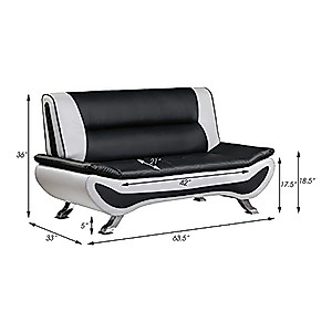 Lexicon Arques Two Tone Faux Leather Living Room Love Seat, 63.5" W, Black and White