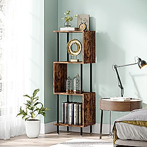 Book Shelf Bookcase, Modern Small Bookshelf for Small Spaces, S-Shaped Wooden Bookshelf Corner Bookshelf for Living Room Bedroom Home Office, Rustic Bookshelves and Bookcases Storage Organizer, 4-Tier