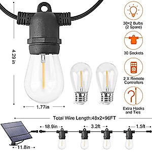 Dott Arts 2-Pack 96FT Solar Outdoor String Lights Waterproof with Dimmable Remote Control,Patio LED String Lights with 32 Plastic Bulbs for Backyard Garden Bistro sWedding Party