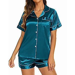 VickyBelle Womens Silk Satin Pajamas Set Two-piece Pj Sets Sleepwear Loungewear Button-Down Pj Sets(XL, Green)