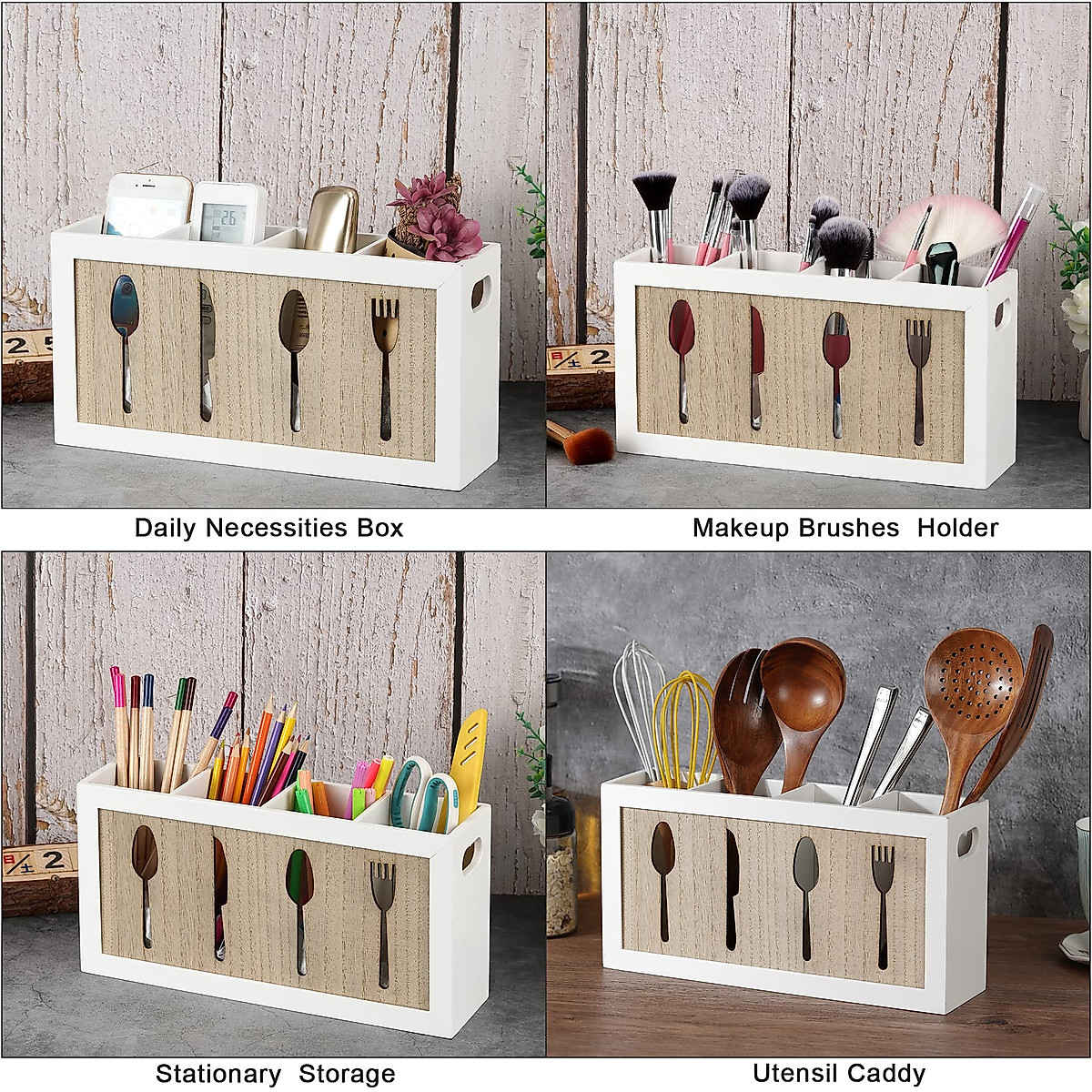 Wooden Kitchen Utensil Holder for Countertop, Rustic Utensil Organizer Cutlery Holder Flatware Silverware Organizer, Cooking Utensil Caddy Organizer with 4 Compartments for Spoons, Forks, Knives