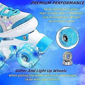 Nattork Girls Roller Skates for Kids Toddler, 4 Size Adjustable Rainbow Quad Skates with Light up 8 Wheels,Gift for Boys Kids Beginners Indoor Outdoor Blue S