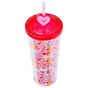 Silver Buffalo Care Bears Love Rainbow Hearts Featuring Friend Bear and Love-A-Lot Bear Plastic Cold Cup with Lid and Topper Straw, 24 Ounces