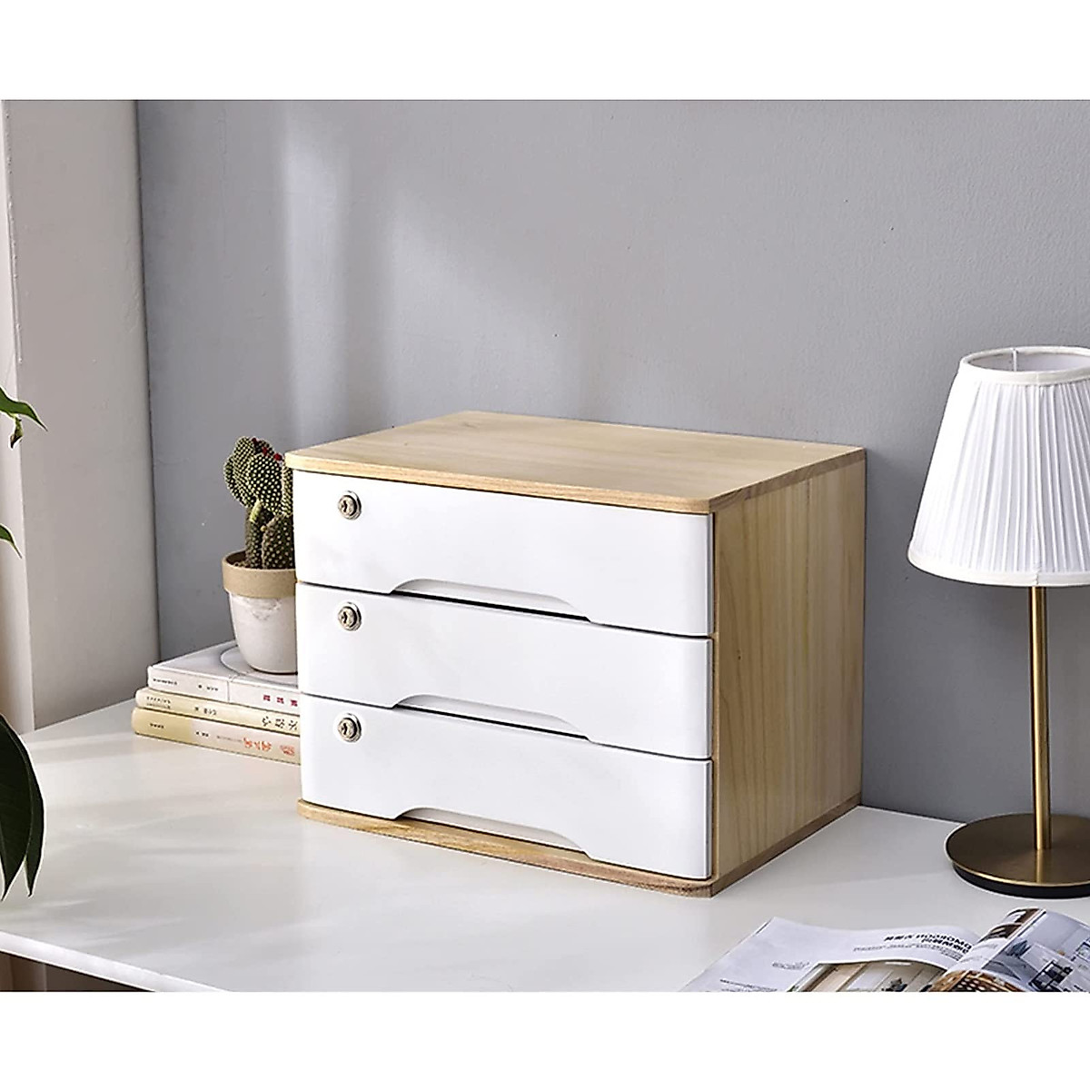 Desktop Storage Box with Drawers - Desktop File Cabinet, with Lockable Drawers Desktop Drawer Cabinet, Wooden Desktop Storage Box, Office Supplies Flat File Cabinet, A4/Receipt File Organizer (Color