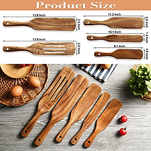 Wooden Spurtle Kitchen Utensils,QWKIT 5Pcs Premium Natural Teak Wood Slotted Spurtle Spatulas Spoons Set for Nonstick Cookware Kitchen Cooking Heat Resistant Non Stick (5)
