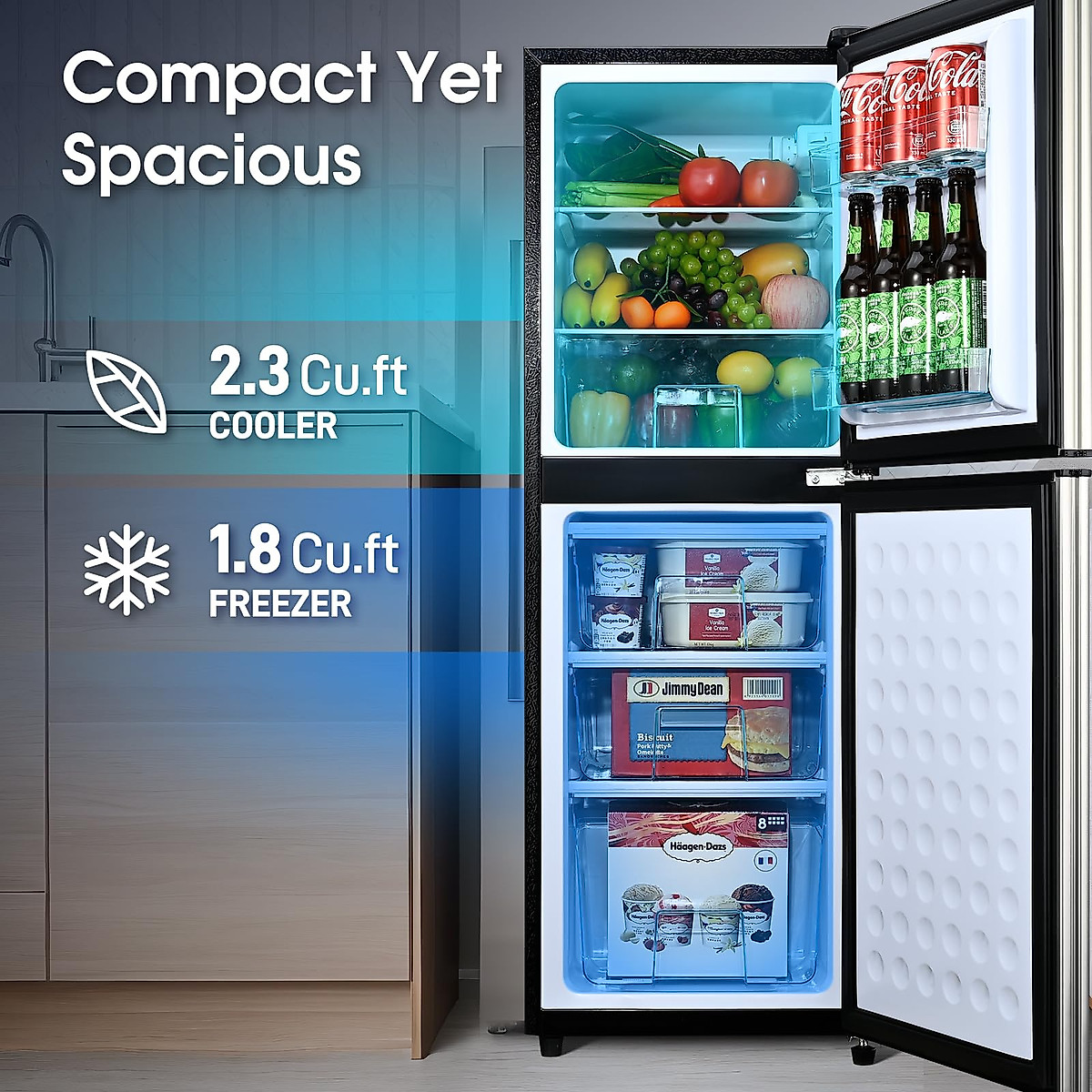 Anypro Fridge with Bottom Freezer and Drawer, 4.1 Cu.Ft Double Door Refrigerator with 7 Adjustable Temperature Settings for Bedroom, Dorm, Office, Apartment, Large Capacity, Black