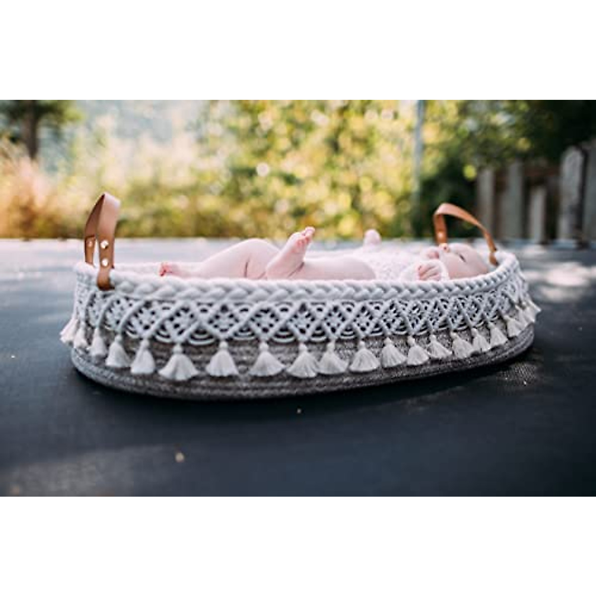 Aumterra Baby Changing Basket with Pad and Safety Straps - Luxury Macrame Design/Baby Moses Baskets/Boho Baby Decor/Baby Shower Gifts/Includes Diaper Caddy, Carry Bag and Waterproof Pad