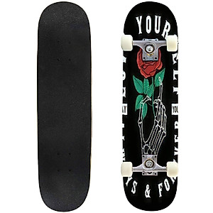 Classic Concave Skateboard Skeleton Hand Holding a red Rose Vector Illustration for t Shirt and Longboard Maple Deck Extreme Sports and Outdoors Double Kick Trick for Beginners and Professionals