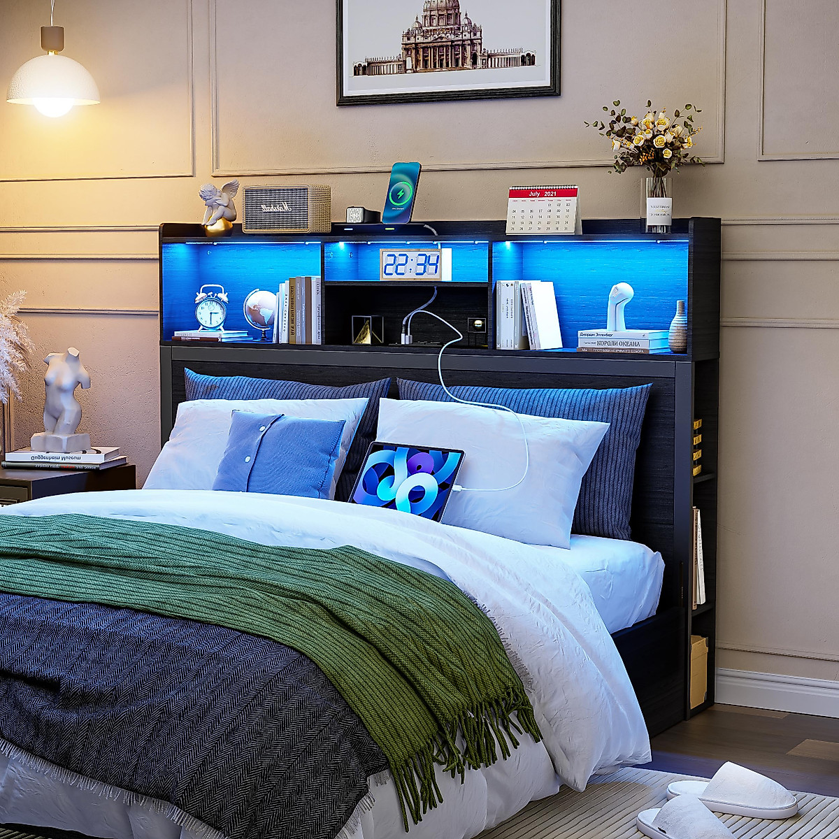 PAKASEPT Queen/Full Headboard Only for Bedroom, Stylish Bookcase Headboard with Charging Station & LED Lights, Headboards with Storage, 4-Tier Bookcase Headboard and Side Storage, Black