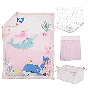 NoJo Under The Sea Whimsy Pink and Blue Whales and Narwhals 4 Piece Crib Bedding Set - Comforter, Fitted Crib Sheet, Dust Ruffle and Storage Bin