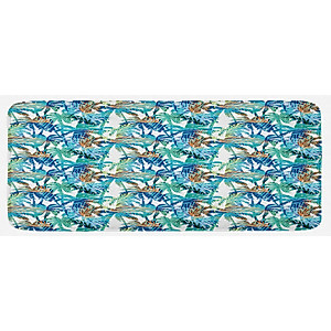 Ambesonne Palm Leaf Kitchen Mat, Tropical Summer Print with Palm Abstract Nature Pattern Fantasy Dream, Plush Decorative Kitchen Mat with Non Slip Backing, 47" X 19", Blue Mint Green Orange