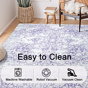 DUKINO Washable Area Rug 5x7, Boho Low-Pile Rugs for Living Room, Non Slip Rubber Backing Carpet, Soft Vintage Nursery Rug for Living Room, Bedroom, Dining Room, and Office - Purple