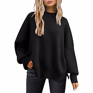 LILLUSORY Women's Oversized Batwing Sweaters 2024 Fall Outfits Crewneck Ribbed Knit Side Slit Trendy Pullover Tops Black XL