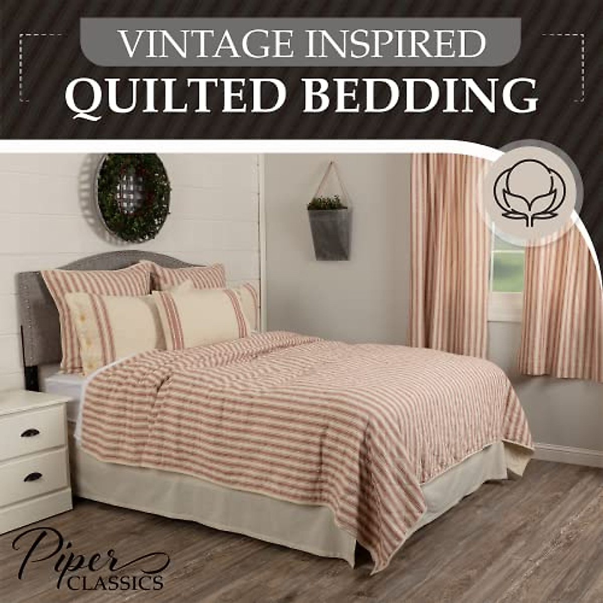 Market Place Red Luxury King Quilt, 100% Cotton Quilted Bedspread with Red Ticking, Hand Quilted Grain Sack Bed Spread Bedding for Boho, Shabby Chic and Rustic Farmhouse Decor (105”x120”)