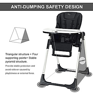 INFANS High Chair for Babies & Toddlers, Foldable Highchair with Multiple Adjustable Backrest, Footrest and Seat Height, Removable Tray, Detachable PU Leather Cushion, Built-in Rear Wheels (Black)