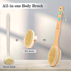 FREATECH Long Handle Body Brush Back Scrubber Exfoliator - 17.3" Wooden Bath Shower Brush, Dual-sided Brush Head with Soft Nylon Bristles and Stiff Natural Bristles for Wet or Dry Brushing