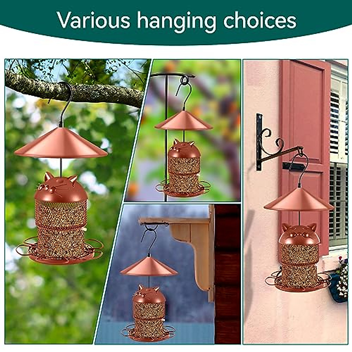 CEED4U Bird Feeder for Outdoors 4LB Seeds Retractable Large Wild Bird Feeders with Hook and Cover Metal Hanging Bird Feeders Garden Yard for Outside Cute Cat Shaped Brown