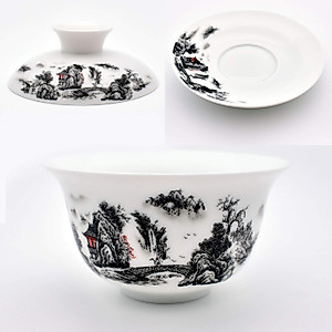 Teacups set,QMFIVE,Chinese Traditional Teaware Blue and White Porcelain Gaiwan Kungfu Tea bowl with Lid and Saucer - 6oz/180ml,Seclusion