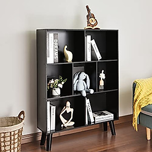 YAHARBO Black Bookshelf,3 Tier Modern Bookcase with Legs,Bookshelves Wood Storage Shelf,Rustic Open Book Shelves Cube Organizer,Free Standing Short Bookcases for Small Space,Bedroom,Living Room,Office