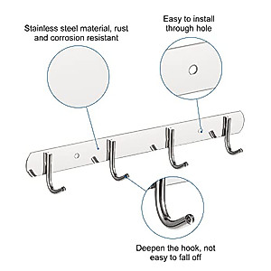 uxcell Coat Hook Rack, 201 Stainless Steel Coat Rack Wall Mounted with 4 Hooks Metal Hook Rail Wall Hangers for Hanging Bedroom Bathroom