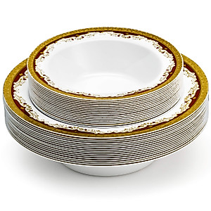 Laura Stein Designer Dinnerware Set | 64 Disposable Plastic Party Bowls | White Wedding Bowl with Burgundy Rim & Gold Accents | Set Includes 32 x 12 oz Soup Bowls + 32 x 5 oz Dessert Bowls | Vintage