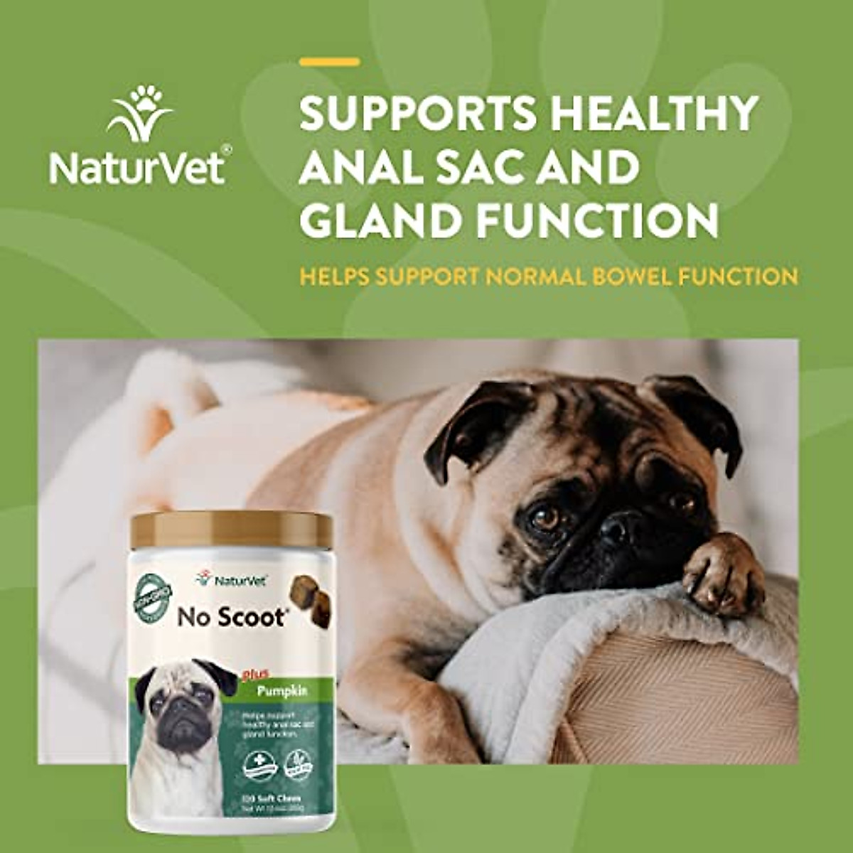 NaturVet - No Scoot for Dogs - 120 Soft Chews - Plus Pumpkin - Supports Healthy Anal Gland & Bowel Function - Enhanced with Beet Pulp & Psyllium Husk