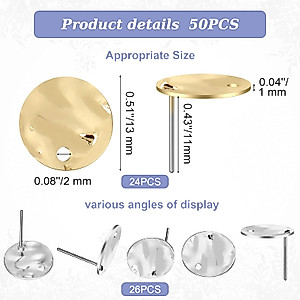 50 Pieces Flat Round Ear Studs Earring Posts with Loop Hole Coin Jewelry 13.0 mm Plated Disc Charms for DIY Earrings Craft Making Supplies for Women(White K, KC Gold)